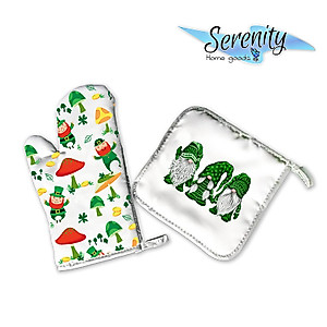 St Paddys Day | Saint Patricks Day | Spring Decorative Kitchen Hot Plate Pot Holder Oven Mitt Set | Leprechaun Shamrock Clover Green Gold Gnome | Cute Home Decor (Paddy's Day Gnomes)