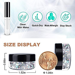 Silver Holographic Chunky Cosmetic Glitter Body Hair Face Eye Nail for Festival Carnival Concert Party Beauty Rave Accessories Different Sizes&Shapes ✮14g + Quick Dry Primer Glue Gel(5ml)