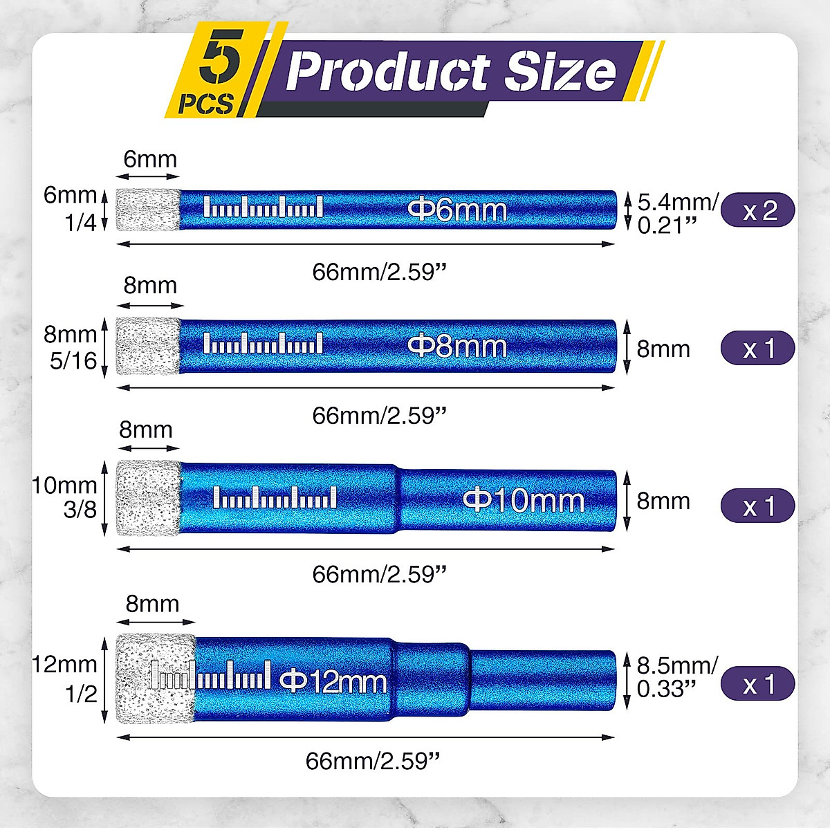 5 Pcs Dry Diamond Drill Bits Set, Glass Ceramic Marble Tile Drill Bits, Not for Wood, 1/4, 5/16, 3/8, 1/2 Inch Round Shank