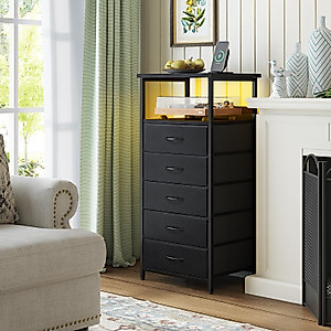 Fixwal Tall Nightstand with Charging Station and LED Lights, Night Stand with PU Finish Fabric Storage Drawers, 5 Drawer Dresser, Black