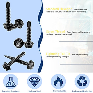 Glarks 165Pcs 410 Stainless Steel #12 Hex Washer Head Self Drilling Screws Assortment Kit 6 Size Black #12x5/8, #12x3/4, #12x1, #12x1-1/4, #12x1-1/2, #12x2 Sheet Metal Screws with Drill Point