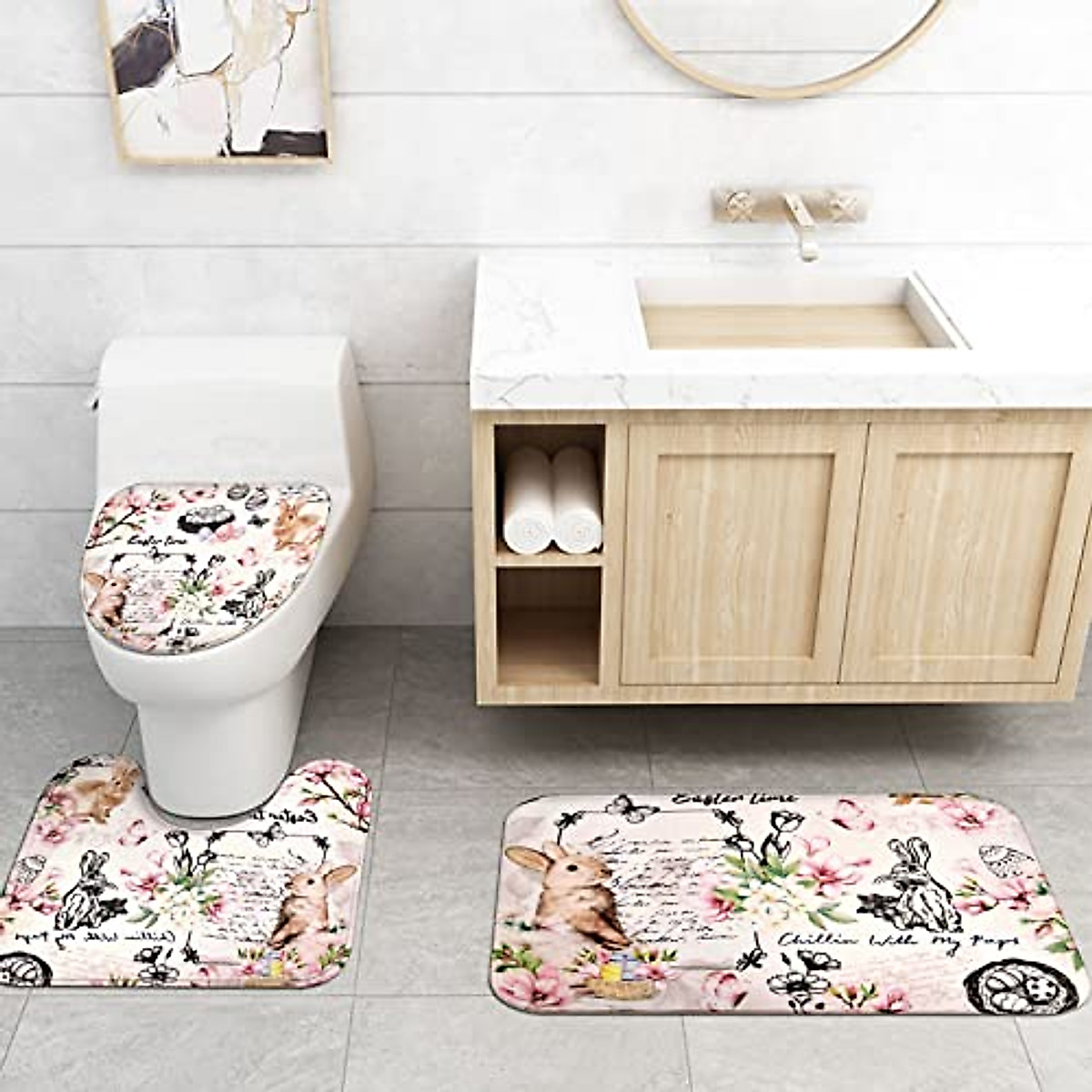 Easter Shower Curtain Sets with Non-Slip Bathroom Rugs, Toilet Lid Cover, Bath Mat, Spring Bunny and Butterfly Shower Curtain Sets with Hooks, Cute Easter Shower Curtains for Bathroom Decoration