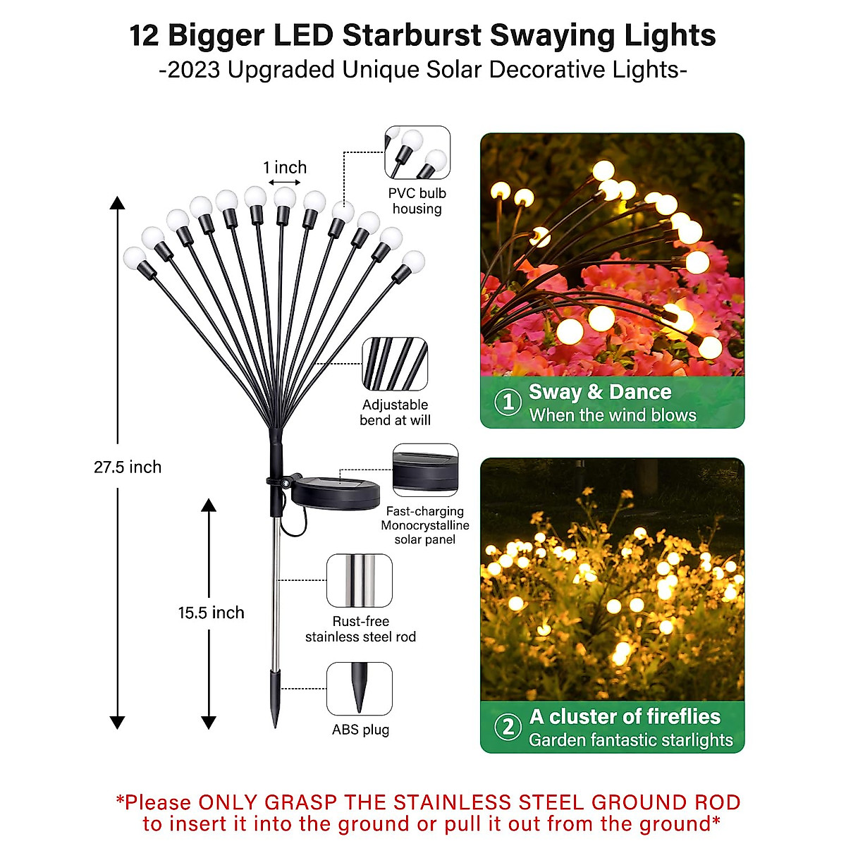 4 Pack 48 Big LEDs Solar Garden Lights-Firefly Lights Solar Outdoor Waterproof-2 Lighting Mode Solar Swaying Pathway Lights, Sway By Wind-Warm White Outdoor Solar Lights For Yard Patio Landscape Lawn