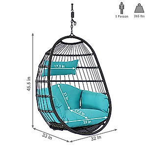 Sunnydaze Penelope Black Steel and Polyethylene Wicker Hanging Egg Chair with Turquoise Polyester Seat Cushions - Bohemian Single Lounge Chair Swing - Collapsible Nylon Rope Back - 45-Inch Tall