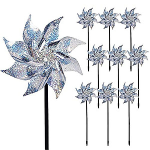 Hausse 10 Pack Reflective Pinwheels with Stakes, Extra Sparkly Pinwheel for Garden Decor, Bird Devices Deterrent to Scare Birds Away from Yard Patio Farm
