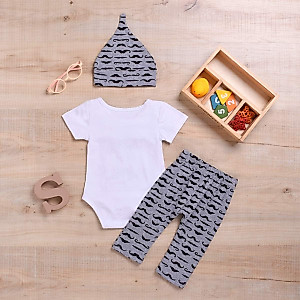 Kashoer 3Pcs Newborn Baby Boy Girls Bowtie Letters Romper Suit+Long Moustache Pant+Hat Kid Playsuit (White, 0-3Months)