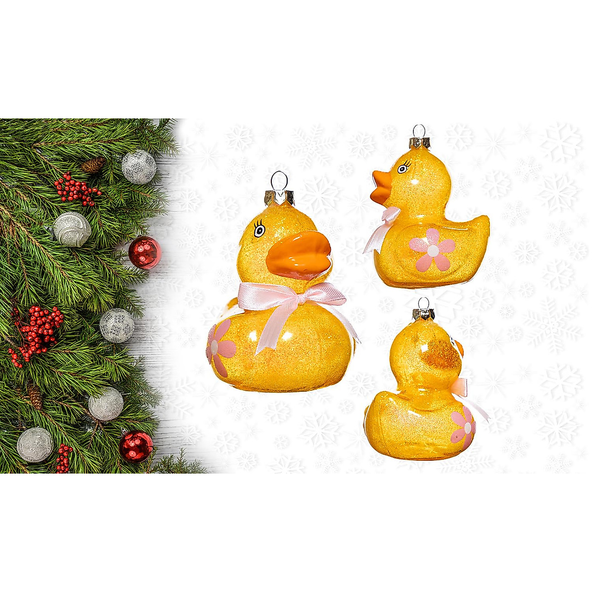 Set of 2 Hand Blown Glass Rubber Duck Ornament for Christmas Tree, Cute Hanging Glass Rubber Duck Christmas Ornament