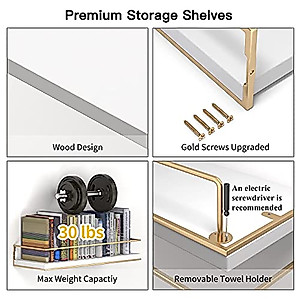 Shario White Floating Shelves - Set of 2, Wall Mounted Hanging Shelves with Golden Towel Rack, Decorative Storage Shelves for Bathroom, Kitchen, Living Room & Bedroom (White)