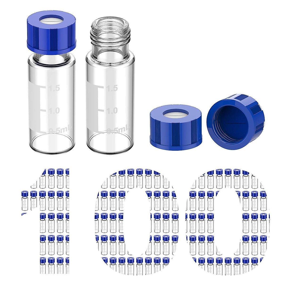 Membrane Solutions Autosampler Vials, 2ml HPLC Vials, 9-425 Lab Clear Vials with Write-on Spot and Graduations, 9mm Blue ABS Screw Caps & Septa for GC Sample Vials, 100 Pcs