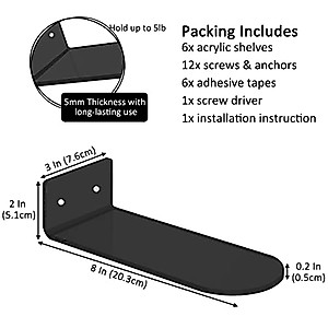 6 pack Black Wall Mounted Floating Sneaker Shelves for Displaying shops, collectibles and exhibitions etc. for a variety of footwear or small and light items