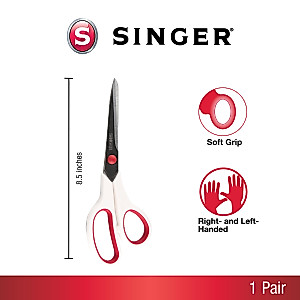 SINGER Fabric Scissors with Comfort Grip, 1-pack, Red & White