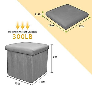 Babion Velvet Storage Ottoman Cube, Folding Tufted Ottoman with Storage Square, Small Foot Rest Ottoman with Foam Padded Seat, Light Grey 12 Inches