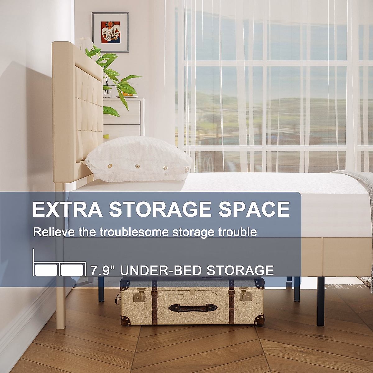 VECELO Twin Size Upholstered Bed Frame with Height Adjustable Fabric Headboard, Heavy-Duty Platform Bedframe/Mattress Foundation/Strong Wood Slat Support/No Box Spring Needed, BGE