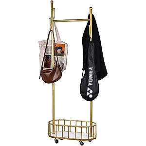 Gold Metal Garment Rack with Lockable Wheels and Bottom Storage Basket, Ideal for Home and Commercial Use in Hallway, Bedroom, Living Room, Balcony, Office, and Shop (Gold)