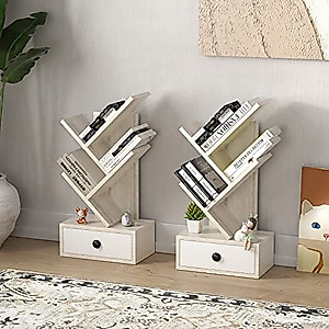 Tangkula 5 Tier Tree Bookshelf with Drawer, Rustic 5 Shelf Space Saving Corner Bookcase, Retro Wooden Utility Organizer Shelves for Books/CDs/Movies, Open Display Shelf for Home Office (Beige, 5 Tier)