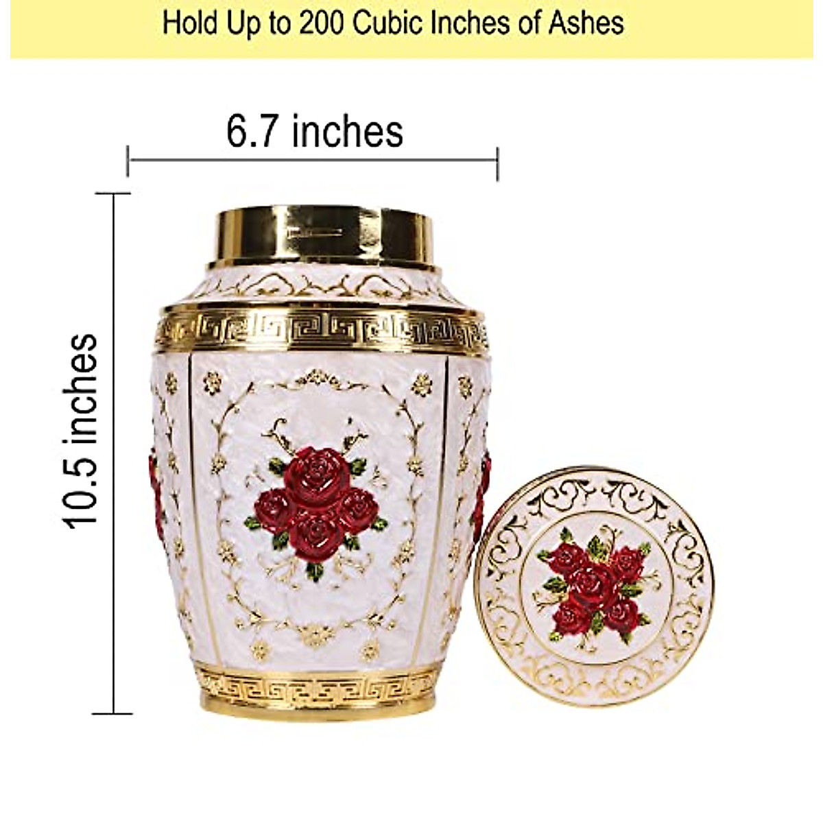 Urn for Human Ashes Adult Female - Rose Flower Cremation Urn Mom - Funeral Urn for Women Made of Zinc Alloy - Hold 200 Cubic inches of Ashes (Gold_Red)