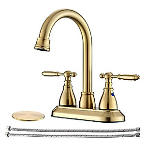 Brushed Gold Bathroom Faucet with Pop-up Drain Assembly, 2 Handles Centerset Bathroom Sink Faucet 4 Inch with 360° Swivel Spout, Stainless Steel Faucet for Bathroom Sink with Water Supply Lines