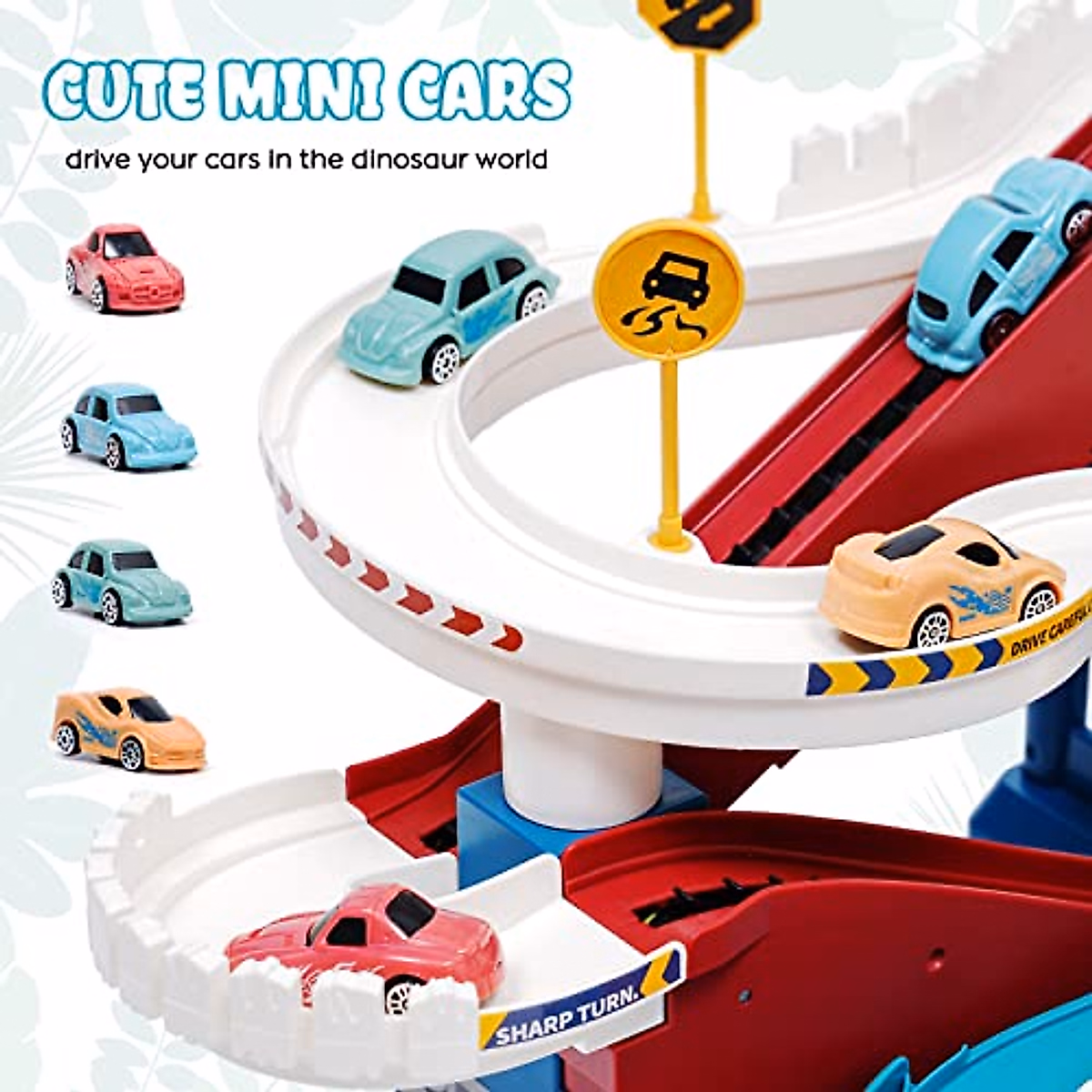 Race Track Toys for Kids Car Adventure Toy Dinosaur Climbing Hills Railcar with 4 Cars Colorful Vehicles Construction Play Set