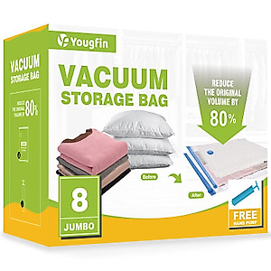 Vacuum Storage Bags, 8 Jumbo Space Saver Bags, Vacuum Sealer Bags for Clothes, Clothing, Comforters and Blankets, Compression Storage Bags with Hand Pump