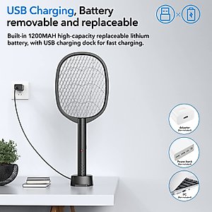 2 Pack Electric Fly Swatter 2 in 1 Bug Zapper Racket & Mosquito Zapper,4000V with USB Charging Base，Powerful Mosquito Swatter with 3 Layers of Safety Net Suitable for Indoor and Outdoor…