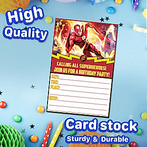 Flash Invitation Cards and Envelopes – 20 Fill-in Invites for Kids Birthday Bash and Theme Party, 10X15 cm, Postcard Style