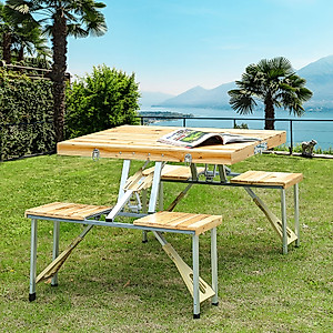 Outsunny Portable Foldable Camping Picnic Table with Seats Chairs and Umbrella Hole, 4-Person Fold Up Travel Picnic Table, Wood