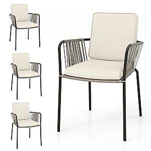 DWVO Patio Chairs Outdoor Dining Sets with Arms and Seat Cushions, Rope & Rattan Patio Chairs Set of 4 Perfect for Garden Porch Backyard Poolside Balcony, Grey