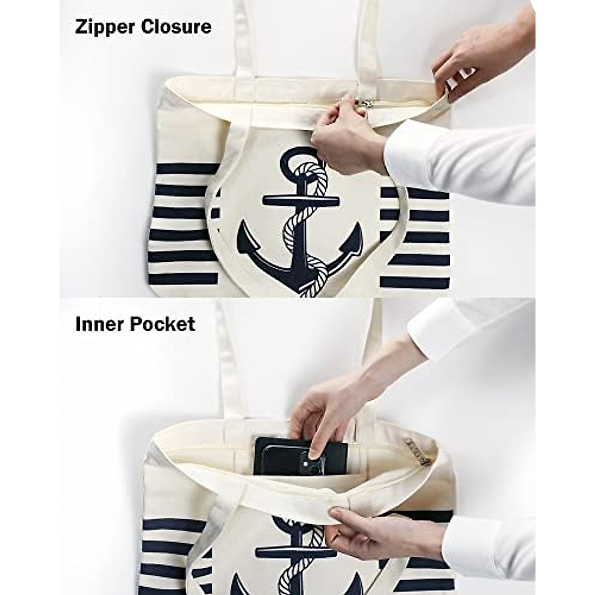LANGCYGO Nautical Theme Anchor Cotton Canvas Tote Bag with an Inner Pocket, Top Zipper Closure Reusable Grocery Bags For Women,School Shopping,Beach Grocery (Anchor L)