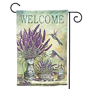 Lavender Flower Garden Flag Double Sided, Funny Hummingbird Bird Welcome Yard Flags for Outdoor Porch Lawn Home Decor 12 x 18 Inch