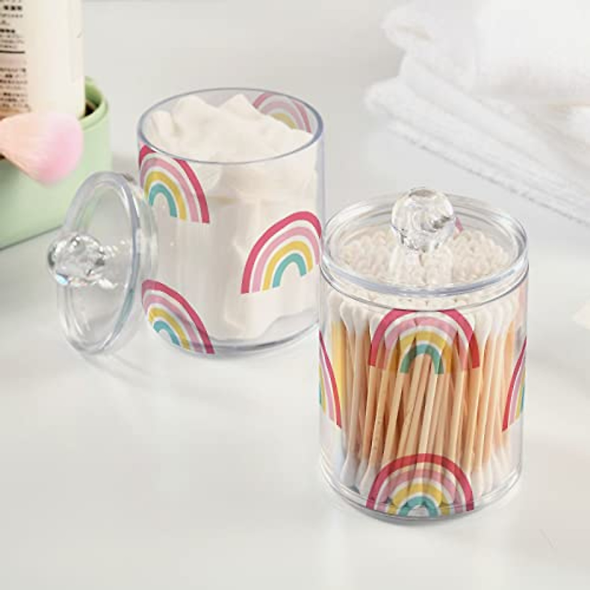 xigua 2 Pack Rainbow Qtip Holder Dispenser with Lids 14 oz Bathroom Storage Organizer Set,Clear Apothecary Jars Food Storage Containers for Tea,Coffee,Cotton Ball,Cotton Swab,Floss