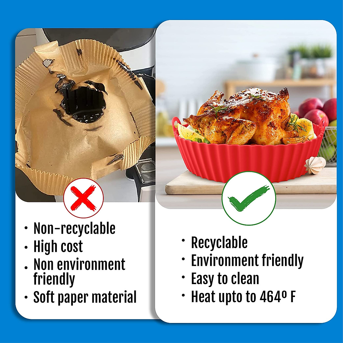 2 Pack Air Fryer Silicone Liners, Blue and Red Silicone Air Fryer Liner, Silicone Air Fryer Liners Reusable with Cooking Guide Times Sheet, Air Fryer Liners Silicone, Red Gloves