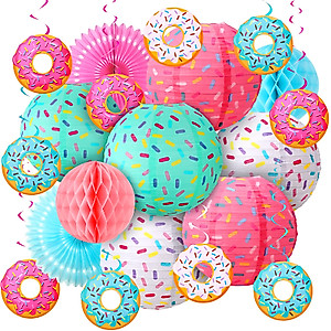 20 Pcs Donut Birthday Party Decorations, 8 Pcs Donut Lanterns Sprinkle Hanging Paper Lanterns, Honeycomb Ball, 2 Pcs Party Paper Fans, 10 Pcs Donut Hanging Swirl for Baby Shower Ice Cream Party