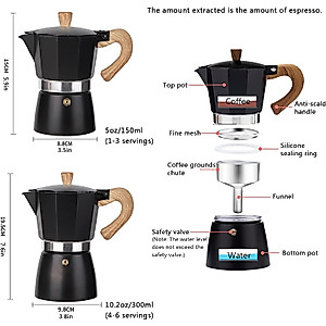 Moka Pot, Stovetop Espresso Maker Italian Coffee Maker Coffee Pot 6 cup/10 OZ Aluminium Stovetop Camping Espresso Maker Manual Cuban Coffee Percolator for Cappuccino or Latte（black）