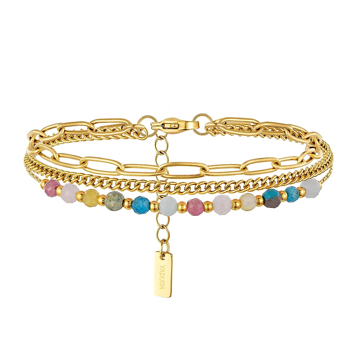 YADUDA Layered Dainty Gold Bracelets for Women Chain Link Paperclip with Colorful Crystal, Adjustable 14K Gold Plated Colorful Beaded Trendy Bracelets