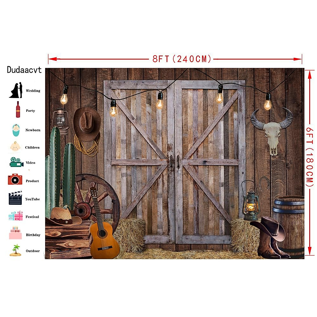 Dudaacvt 8x6FT Western Cowboy Backdrop Western Party Supplies Decorations Wild West Decor Rustic Wooden House Barn Photography Background for Boy Baby Birthday Banner D671
