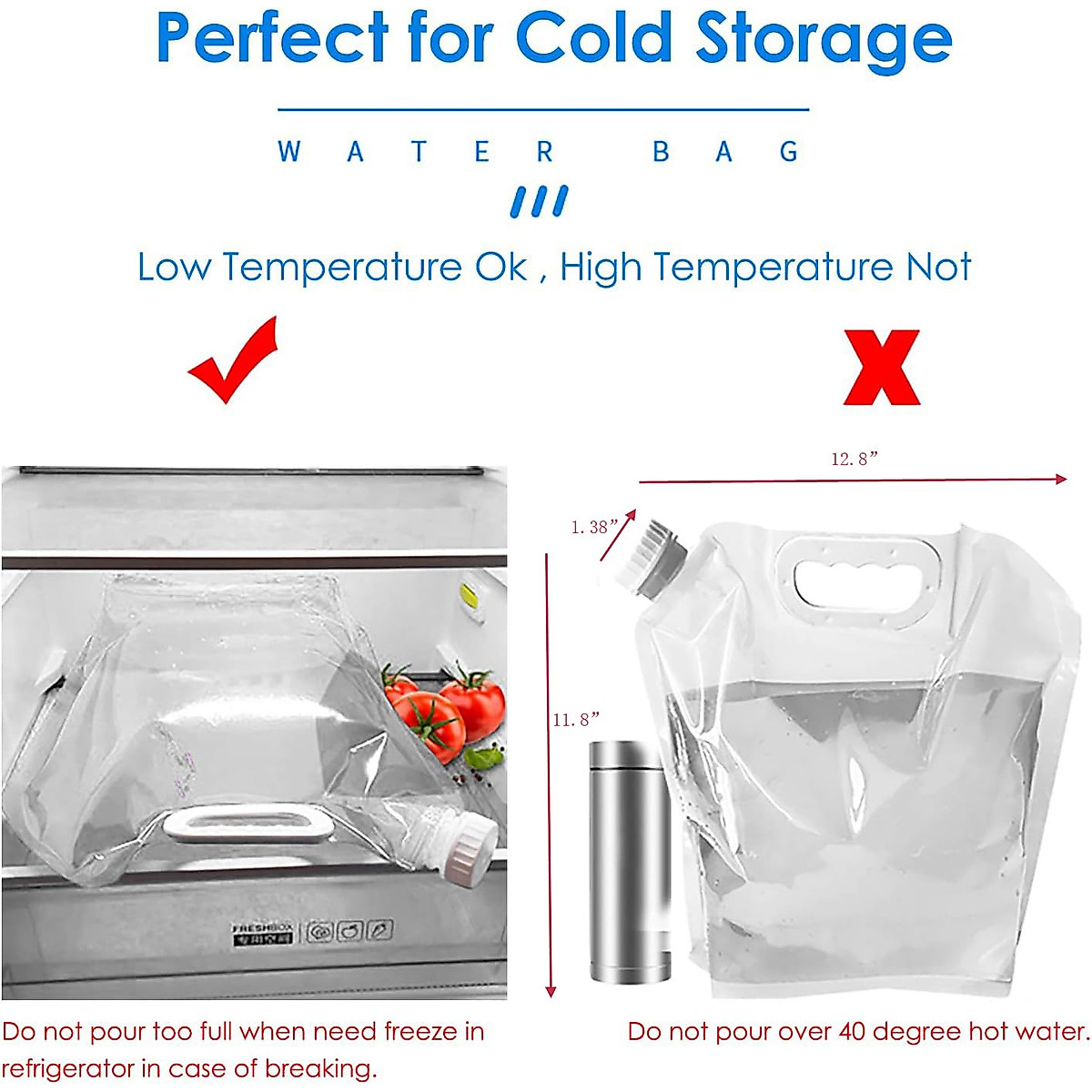 Ellsang Collapsible Water Container Bag, 1.3Gal BPA Free Water Storage Bladder, Outdoor Folding Freezable Water Storage Bag for Hiking Picnic BBQ Hurricane Emergency(Transparent)