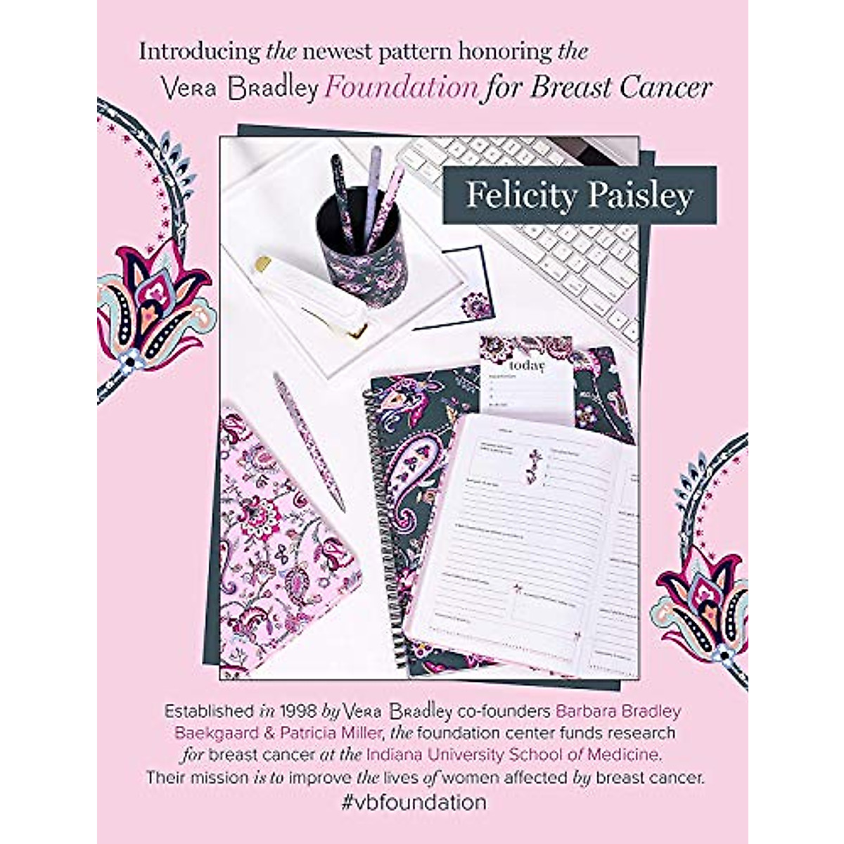 Vera Bradley Mini Spiral Notebook, College Ruled Paper, 8.25" x 6.25" with Pocket and 160 Lined Pages, Felicity Paisley Pink