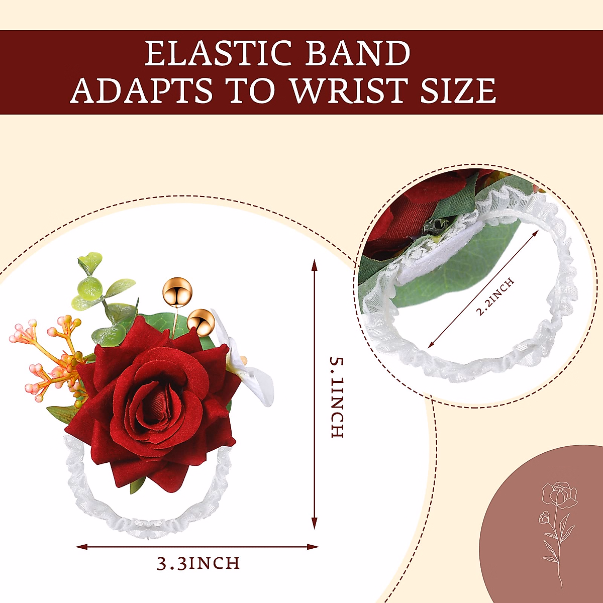 Sherr Set of 12 Rose Wrist Corsages for Wedding Corsage Flower Wristlet Floral Wedding Wrist Bridal Rose Leaf Hand Flowers for Bride Bridesmaid Prom Engagement Festival(Wine Red)