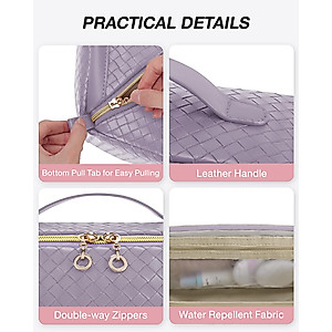 BAGSMART Makeup Bag, Travel Cosmetic Bag Organizer, PU Leather Water-Resistant Pouch, Open Flat Makeup Storage for Toiletries, Brushes, PU Leather Purple