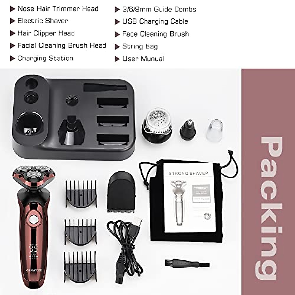 Electric Razor for Men, 4-in-1 Electric Shavers Cordless Face Shaver Rechargeable Men’s Razor Waterproof Rotary Shaver with Charge Station Nose Sideburns Trimmer Cleaning Brush Gift for Father Him