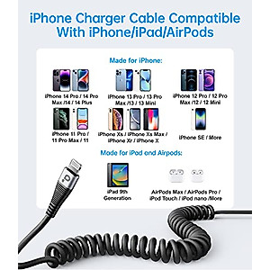 Coiled Lightning Cable 3ft, 2 Pack iPhone Charger Cable for Car, [Apple MFi Certified] Short Retractable Charging Cord Compatible with iPhone 14/13/12/11 Pro Max/XS MAX/XR/XS/8/iPad/iPod/CarPlay
