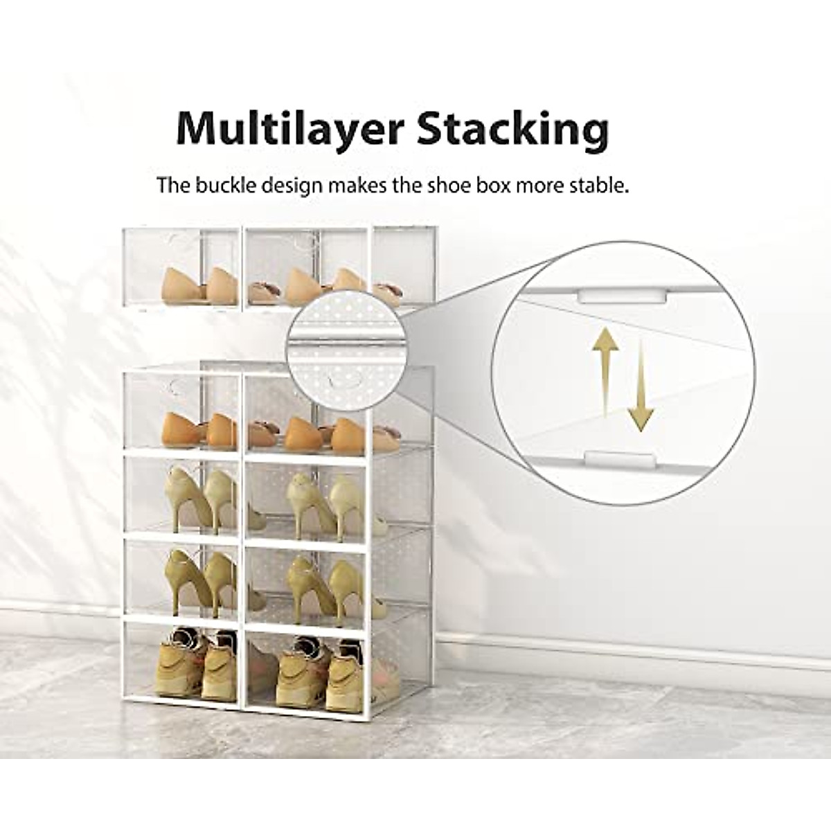 Pinkpum Large Shoe Storage Boxes 12 Pack, Clear Plastic Stackable Shoe Organizer for Closet, Sneaker Storage Shoe Containers Bins Stackable with Lids, Fit up to Women's Size 12 (Large)