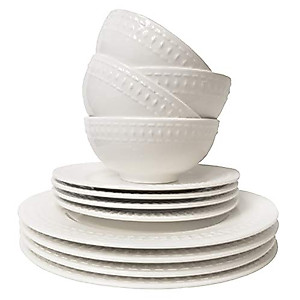 Tabletops Gallery Embossed Bone White Porcelain Round Dinnerware Collection- Chip Resistant Scratch Resistant, Bloom 12 Piece Dinnerware Set (Dinner Plate, Salad Plate, Cereal Bowl)