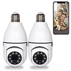 DEXINLONG Light Bulb Camera, 360 Degree E27 Bulb Security Camera Outdoor, 1080P Home Surveillance Cameras System with Human Motion Detection and Alarm (2pc)