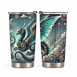 64HYDRO 20oz Steampunk Mechanical Dragon Tumbler, Engineer Mechanic Dragons, Gaming, Gamers Gifts for Dragon Lovers, Stainless Steel Double Wall Vacuum Insulated Coffee Mug, Travel Cup with Lid