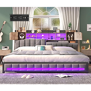 Dnxao King Size Bed Frame and Bookcase Storage Headboard, LED Upholstered Bed Frame King with Charging Station, Light up King Size Platform Metal Bed Frame, No Box Spring Needed, Charcoal Gray