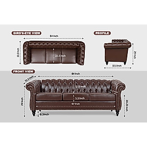 Vaztrlus Brown Leather Sectional Chesterfield Sofa Set, Luxury Couch for Living Room, Comfy Deep-Seat 3-Seater Couch and Chair Set for Bedroom, Office, or Apartment. Tool-Free 2-Piece Assembly.