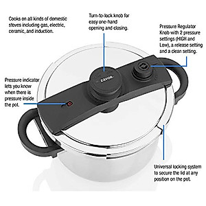 Zavor EZLock Stove Top Pressure Cooker 12 Quart - Canning Ready, Stainless Steel, Multi Pressure Levels, Easy Locking, Induction Ready, 4 Jar Canning Capacity, Digital Cookbook & Steamer Basket