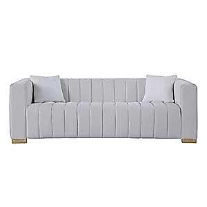 i-POOK 87" Chesterfield Sofa, Modern Velvet Channel Tufted Upholstered Sofa Couch with 2 Toss Pillows and Armrest 3 Seater Sofa with Metal Legs Accent Sofa for Living Room Office Apartment, White