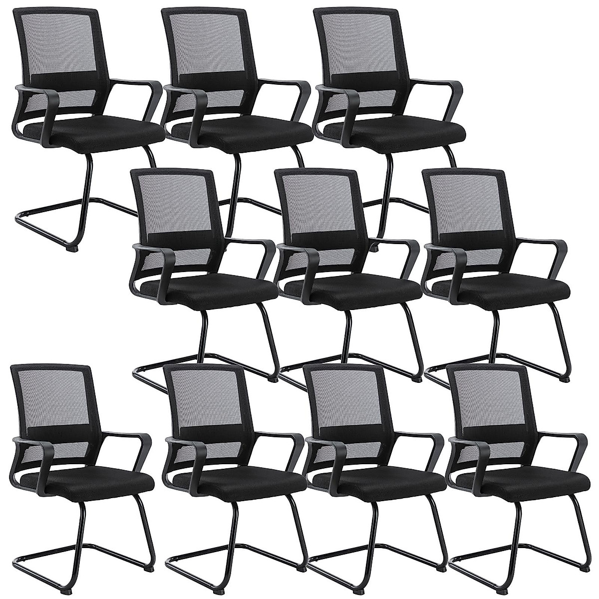 10 Pack Office Guest Chairs & Reception Chairs, Set of 10 Heavy Duty Mesh Fabric Waiting Room Chairs Meeting Room Guest Chairs with Sled Base, Black